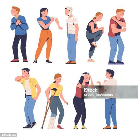 통증 두통 요통으로 고통받는 사람들 질병이나 부상으로 인해 신체에 통증을 느끼는 남성과 여성 만화 벡터 일러스트레이션 상처에
