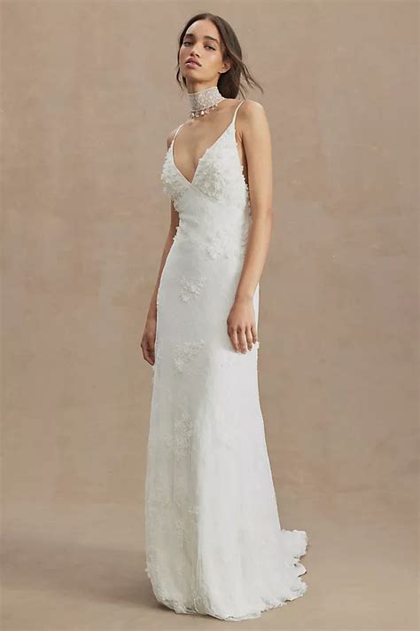Bhldn Meadow V Neck Floral Appliqué Sheath Wedding Gown Anthropologie