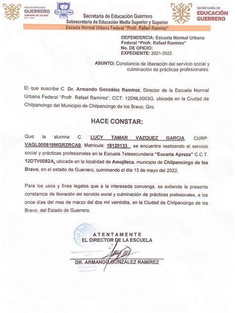 Constancia De Liberación Del Servicio Social Y Culminación De Prácticas