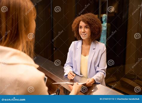 Elegant Business Woman Filling Form At Counter Stock Photo Image Of