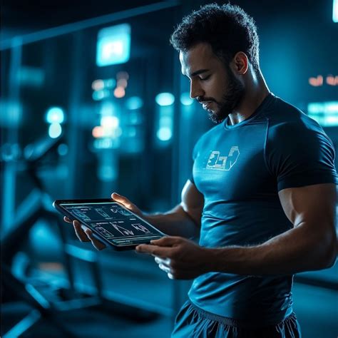 A Male In A Virtual Fitness Setting Using An App For Monitoring Exercise Performance And Results