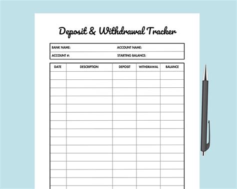 Deposit And Withdrawal Tracker Printable Bank Account Ledger Pdf