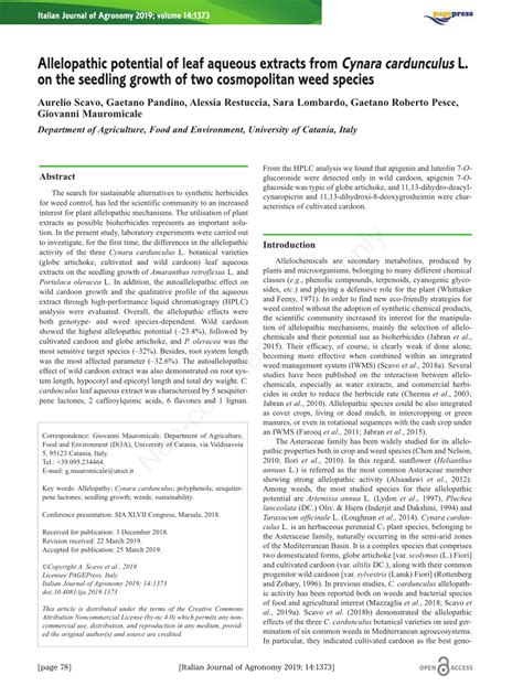 Pdf Allelopathic Potential Of Leaf Aqueous Extracts From Cynara Cardunculus L On The Seedling