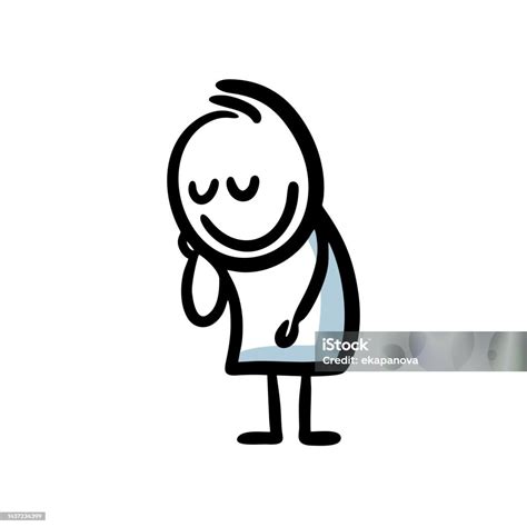 낙서 손으로 그린 만화 사람은 수줍은 미소로 고개를 숙입니다 겸손에 대한 스톡 벡터 아트 및 기타 이미지 겸손 귀여운