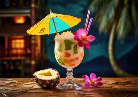Una piña colada servida con una colorida sombrilla de papel que le da un toque de encanto tiki