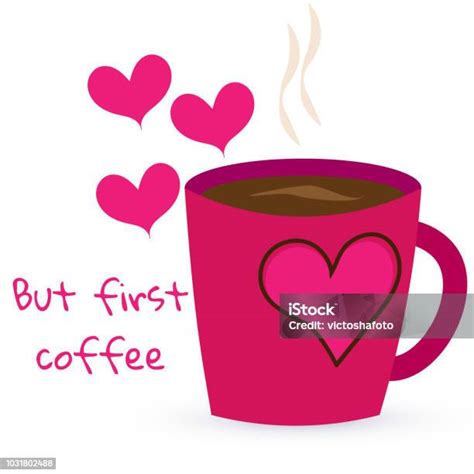 보라색 컵 커피 또는 차와 심장 에 흰색 배경 비문입니다 첫 번째 커피 하지만 공란에 대한 스톡 벡터 아트 및 기타 이미지 공란 귀여운 낮 Istock