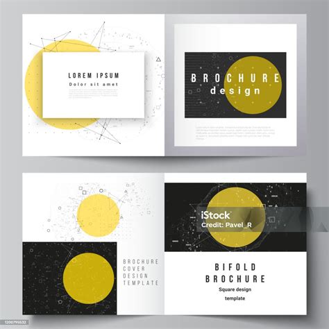 사각형 디자인 Bifold 브로셔 잡지 전단지 소책자를위한 두 개의 표지 템플릿의 벡터 레이아웃 동적 입자가 있는 과학 또는 기술 3d 배경 화학 및 과학 개념 0명에 대한