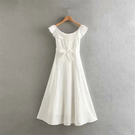 Female Summer Embroidered Cotton Dress Off The Shoulder A Line Hollow