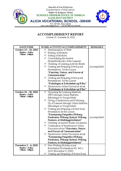 Accomplishment Report As Substitute Teacher Republic Of The Philippines Department Of