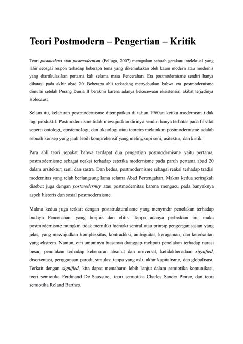 Teori Postmodern Era Postmodernisme Sendiri Hanya Dibatasi Pada Akhir Abad Beberapa Ahli