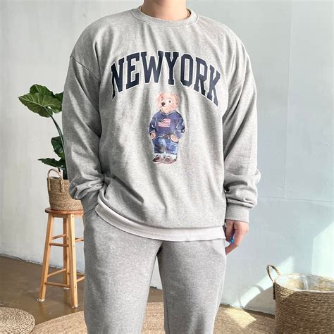 남자 테디베어 맨투맨 와이드 조거팬츠 봄 가을 회색 헬로마켓