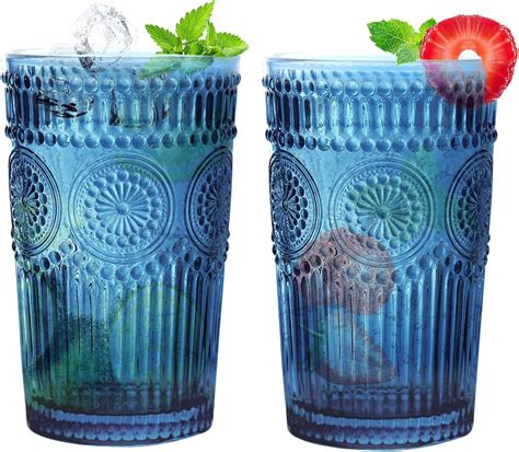 Loivttvv 6pcs Vintage Drinking Glasses Set 12 Oz Blue