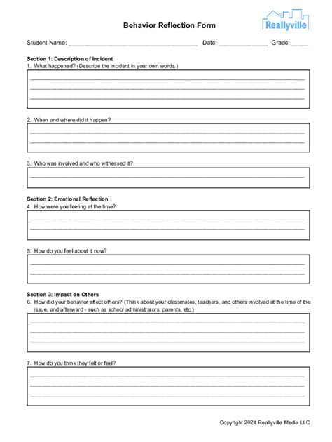 Fillable Online Reallyville Behavior Reflection Form Printable Fax Email Print Pdffiller