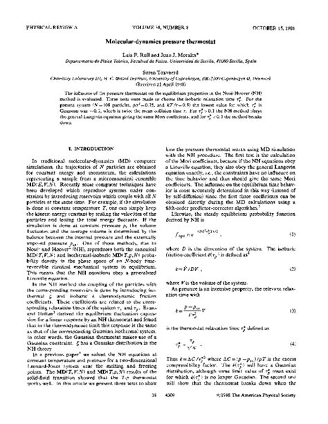 Pdf Molecular Dynamics Pressure Thermostat