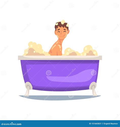 Happy Teen Taking Bath Male Character Relaxing In Bathtub Full Of Foam