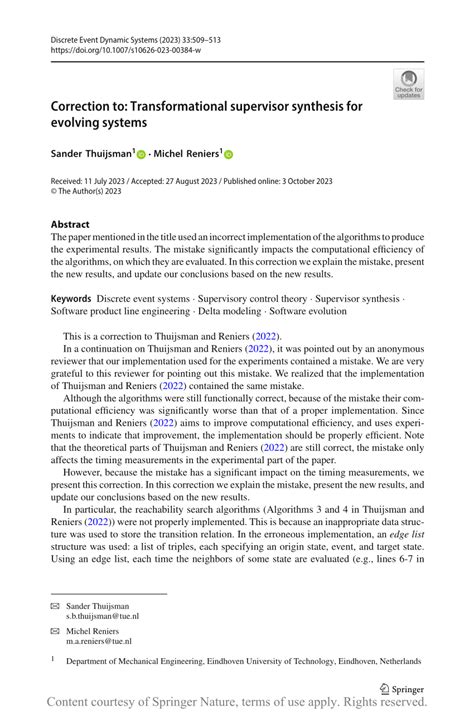Pdf Correction To Transformational Supervisor Synthesis For Evolving Systems