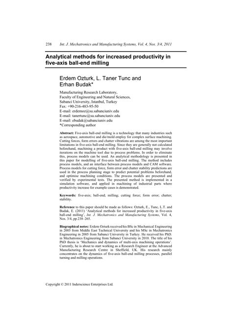 Pdf Analytical Methods For Increased Productivity In 5 Axis Ball End Milling