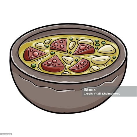 칼도 베르데 빵 양배추 기름 마늘 쵸 리조 소시지라는 포르투갈 식 수프 Caldo Verde에 대한 스톡 벡터 아트 및 기타