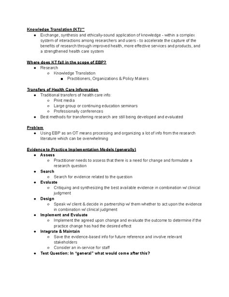 Week 10 Implementation Of Evidence Into Practice Knowledge