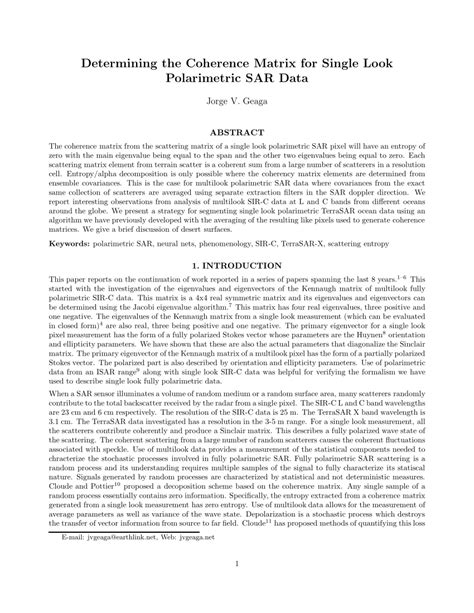 Pdf Determining The Coherence Matrix For Single Look Polarimetric Sar