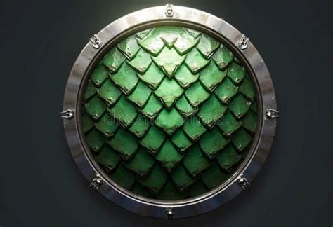 Green Metal Circular Shield With Dragon Texture Stock Illustration