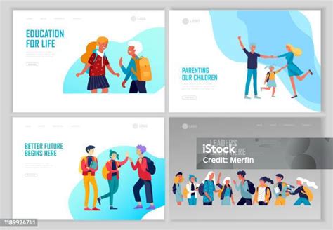 학교로 돌아가기 플랫 벡터 일러스트가 있는 방문 페이지 템플릿입니다 십대 학생 아이들과 부모 학교 친구 친구 만화 캐릭터 여학생과 사춘기 이전 어린이에 대한 스톡 벡터 아트