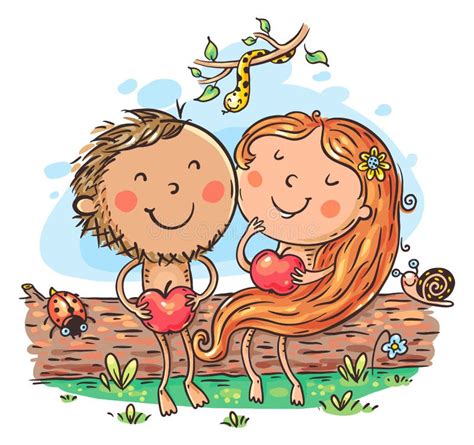 Vectoriel De Dessin Animé De Adam Et Eve Avec Des Pommes Au Paradis Scène D histoire Biblique