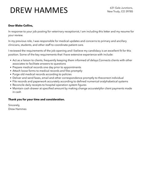 Veterinary Receptionist Cover Letter Velvet Jobs