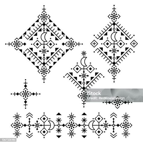 아이슬란드 스타일의 기하학적 부족 라인 아트 벡터 디자인 달이 세팅된 정사각형 및 긴 그래픽 컬렉션 노르딕 바이킹 룬 아트에서 영감을 받은 장식 패턴 컬렉션 바이킹에 대한