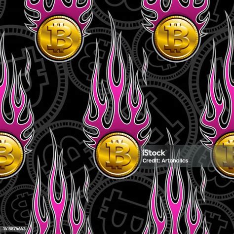 비트 코인 암호화 통화 아이콘과 부족 화재 불꽃 벡터 그래픽 벽지 섬유 및 포장지 디자인의 원활한 패턴 경제에 대한 스톡 벡터 아트 및 기타 이미지 Istock