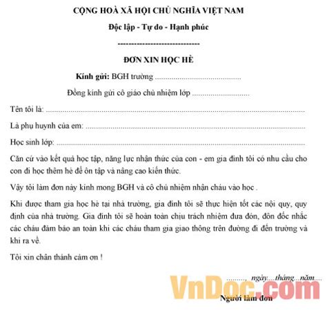Mẫu đơn xin học thêm hè Đơn xin học thêm hè VnDoc