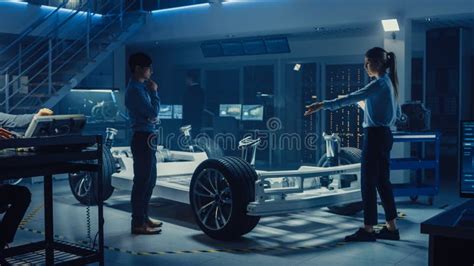 Automotive Design Engineer And Scientist With Tablet Discuss The