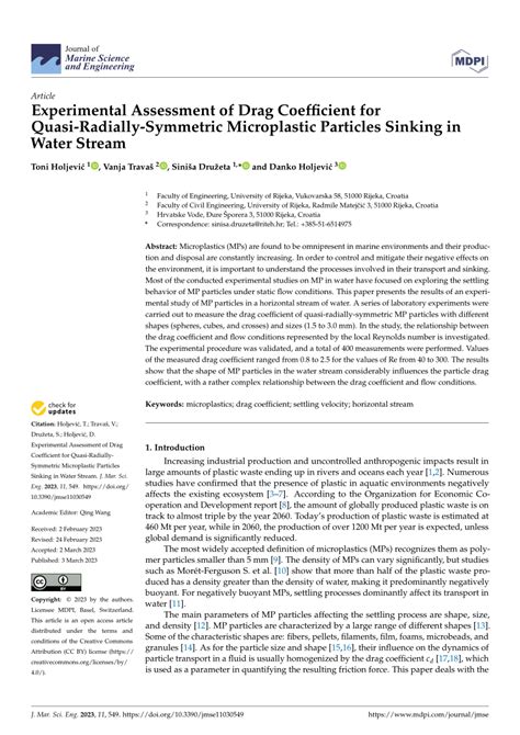 Pdf Experimental Assessment Of Drag Coefficient For Quasi Radially Symmetric Microplastic