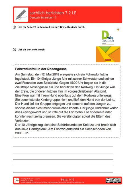 Arbeitsblatt Sachlich Berichten 72 Le Deutsch Schreiben