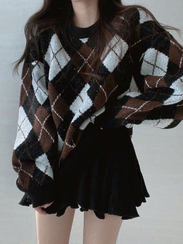 Emmiol Free Shipping 2024 Vintage Argyle Pullover Knit Sweater Black