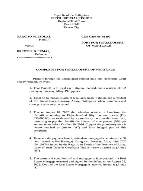Complaint For Mortgage Foreclosure Pdf Lawsuit Foreclosure