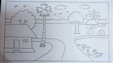 খুব সুন্দর একটি গ্ৰামের দৃশ্য অঙ্কন How To Draw Village Scenery For