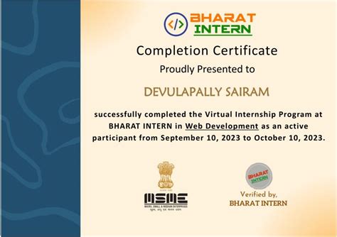 sairam devulapally on linkedin bharatintern certificateofinternship