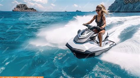 Bella Y Atractiva Mujer Pilotando Su Jet Ski En El Mar Saltando