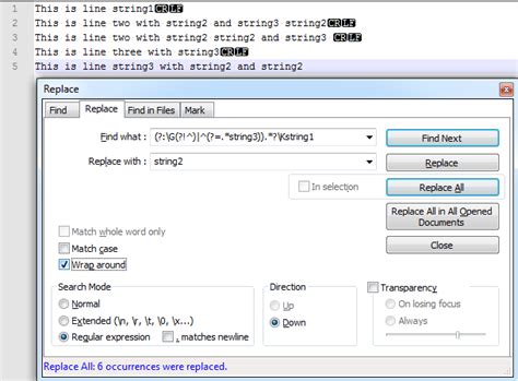 regex how do i replace string1 with string2 if line contains