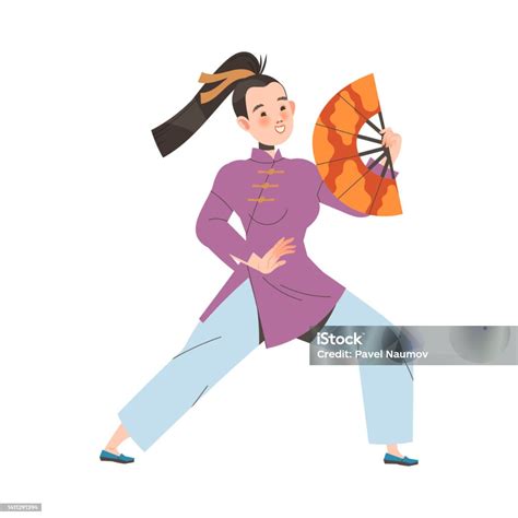 기모노에서 여자와 태극권 연습 팬과 함께 치공 운동을하는 내부 중국 무술 벡터 일러스트 레이 션 균형에 대한 스톡 벡터 아트 및
