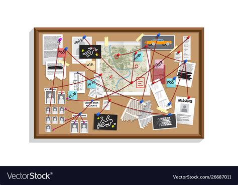 Detective Board With Pins And Evidence Crime Vector Image
