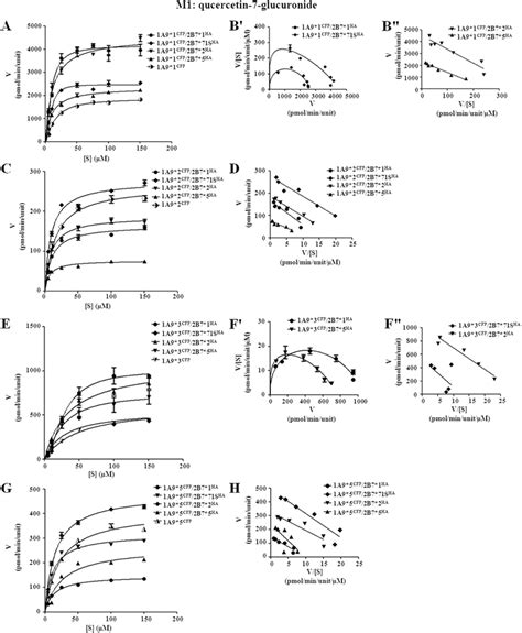 enzyme kinetic plots a c e g v [s] v plots b f′ and eadie hofstee