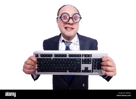Nerd Businessman With Computer Keyboard On White Stock Photo Alamy