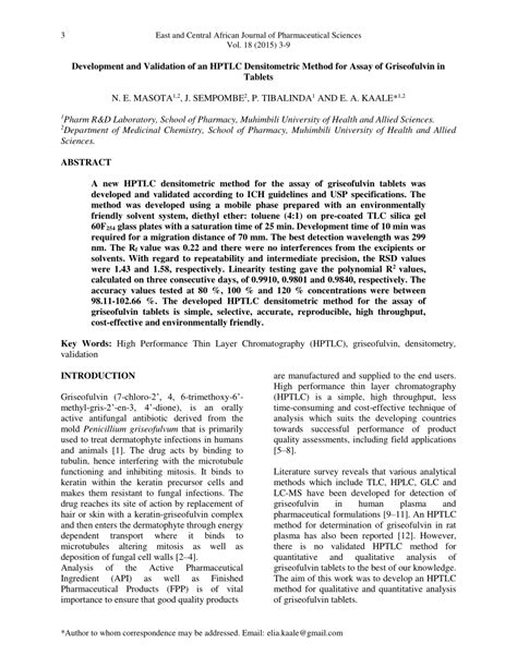 Pdf Development And Validation Of An Hptlc Densitometric Method For Assay Of Griseofulvin In