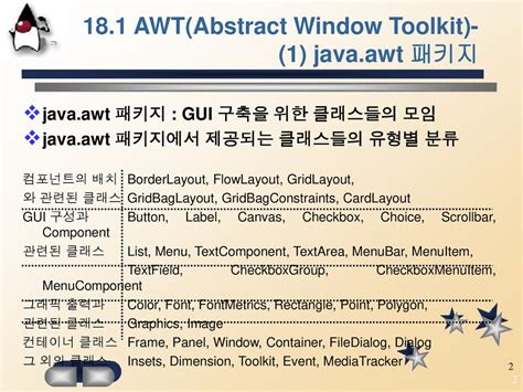 18장 사용자 인터페이스 18 1 AWT Abstract Window Toolkit 18 2 컴포넌트의 이벤트 처리 ppt