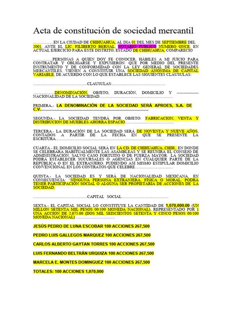 Acta De Constitucion De Sociedad Mercantil Pdf