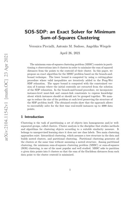 Pdf Sos Sdp An Exact Solver For Minimum Sum Of Squares Clustering