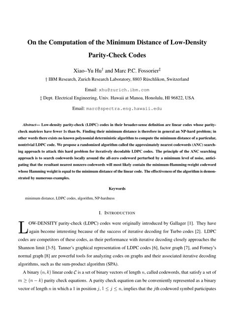 Pdf On The Computation Of The Minimum Distance Of Low Density Parity Check Codes
