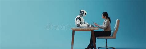 Collaboration Between Human And Robot On Project At Desk With Blue